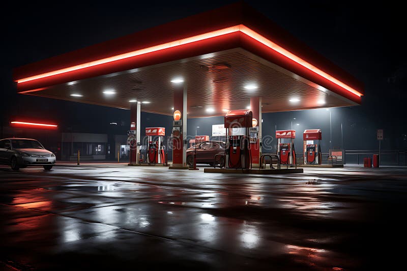 Gas Station at Night, 3d Rendering. Computer Digital Drawing Stock ...