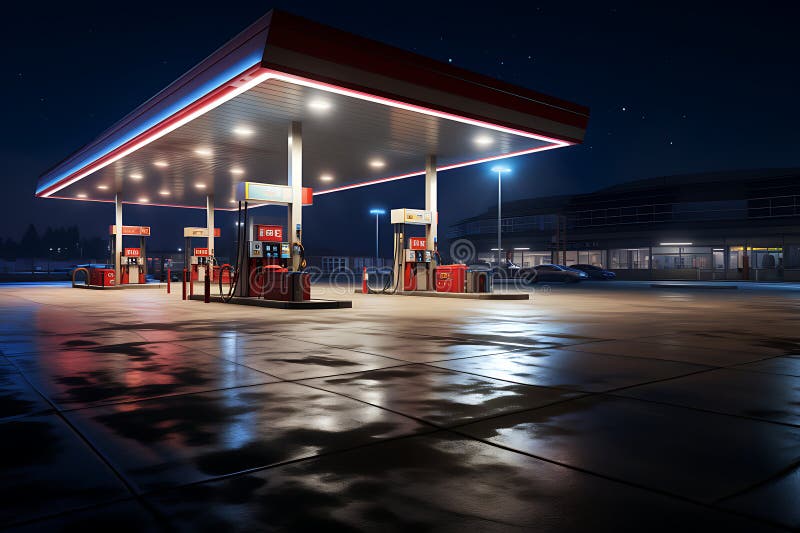 Gas Station at Night, 3d Rendering. Computer Digital Drawing Stock ...