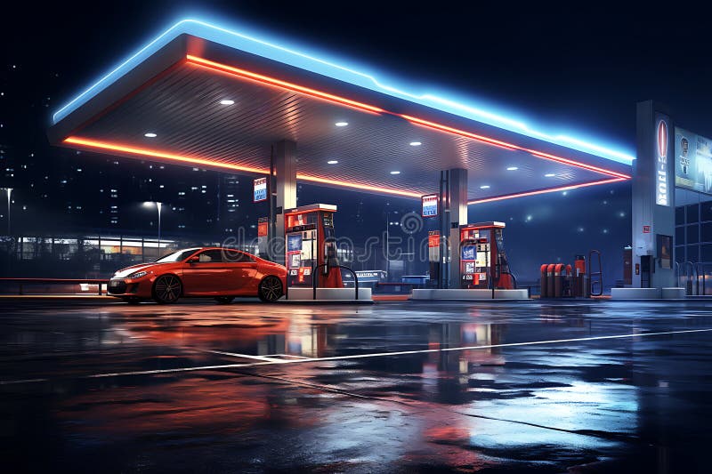 Gas Station at Night, 3d Rendering. Computer Digital Drawing Stock ...