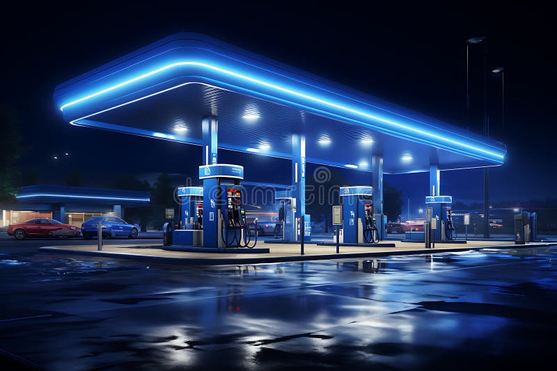 Gas Station at Night, 3d Rendering. Computer Digital Drawing Stock ...