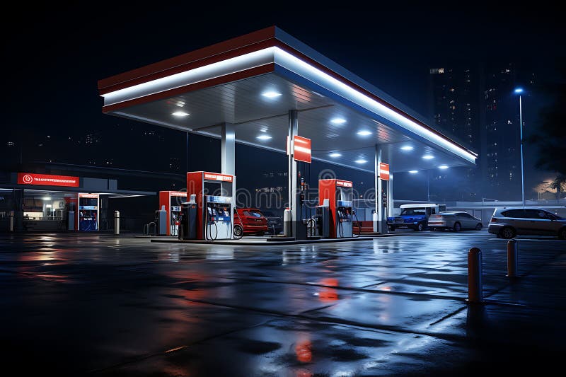 Gas Station at Night, 3d Rendering. Computer Digital Drawing Stock ...