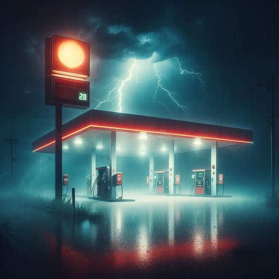Gas Station at Night with Lightning in the Sky. Stock Illustration ...