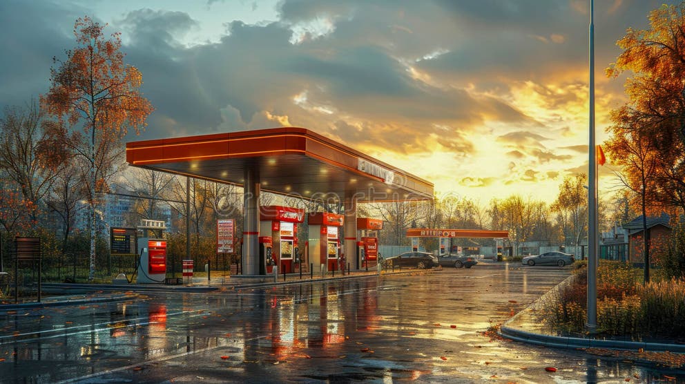 Gas Station at Night with Reflection in Puddle and Cloudy Sky Stock ...