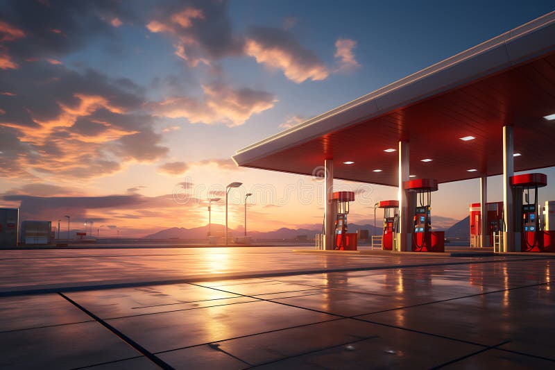 Gas Station at Sunset with Reflection in Water. 3D Rendering Stock ...