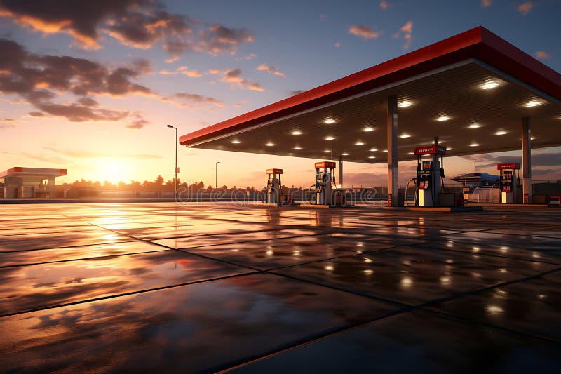 Gas Station with Sunset Sky Background. 3d Rendering Stock Illustration ...