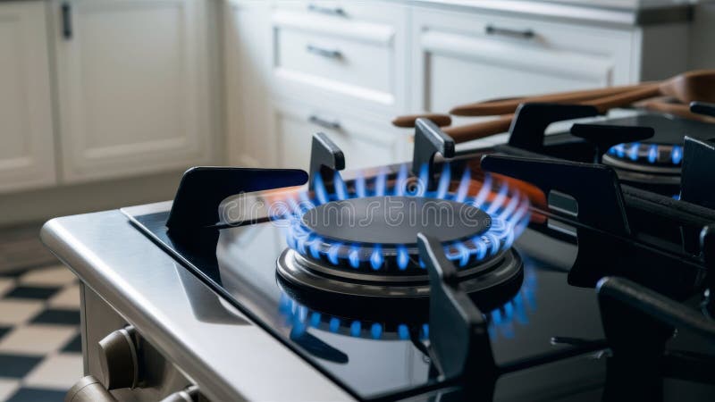 Gas Stove Burner Lit with Blue Flame in Kitchen Stock Illustration ...