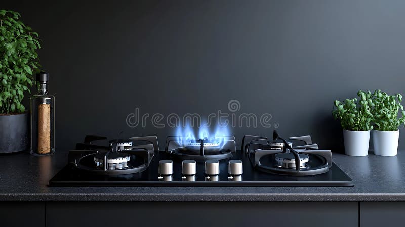 Gas Stove. Gas is Burning. Kitchen Gas Stove for Cooking. Stock Image ...