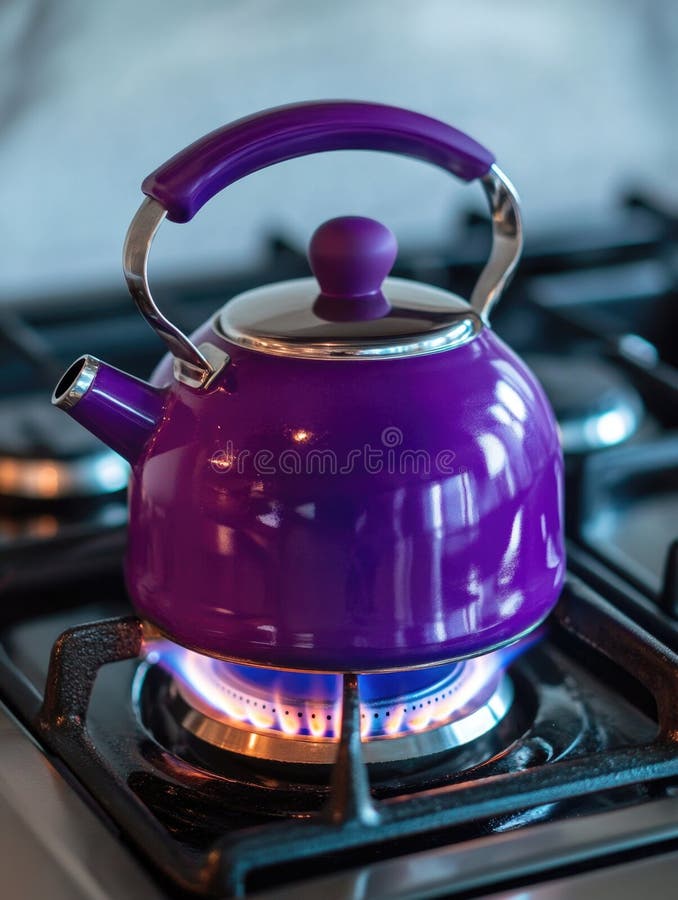 Gas Stove with Purple Tea Kettle Stock Image - Image of utility ...