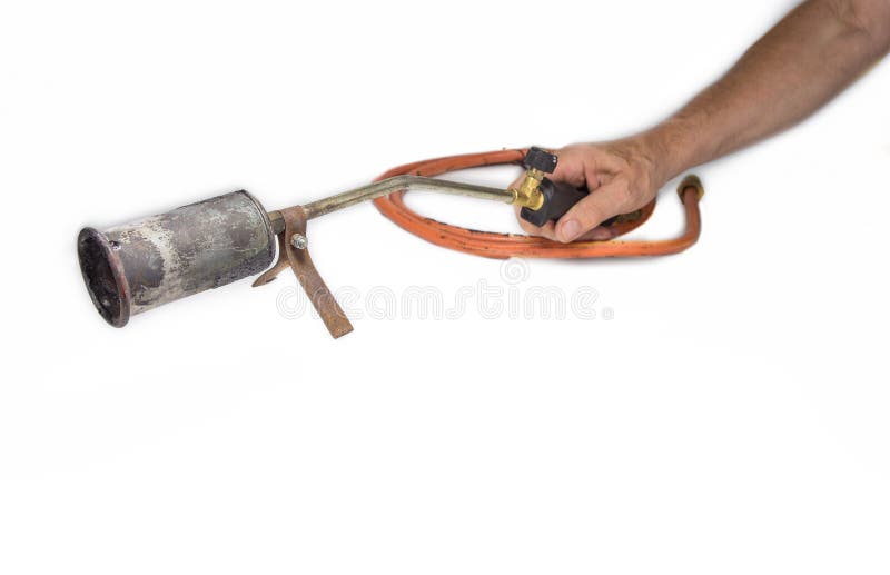 Gas Torch in the Male Hand on a White Stock Image - Image of asphalt ...
