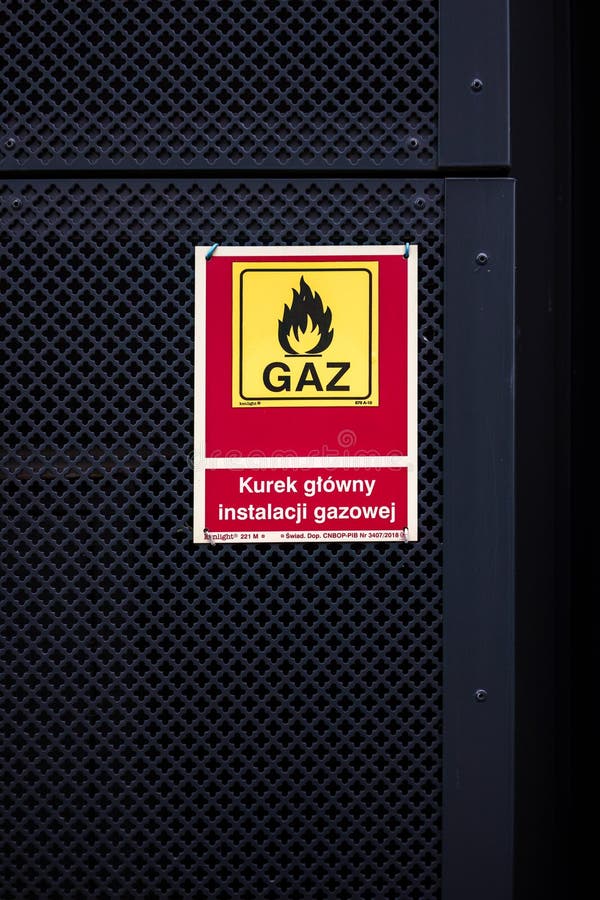 Gas Warning Sign with the Text "Main Gas Installation Valve" in Polish ...