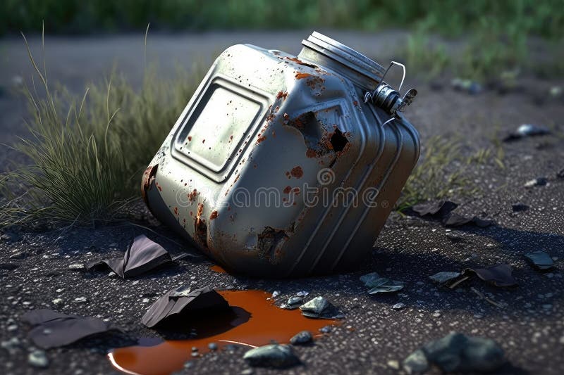 Gasoline Canister, with Spill of Gasoline on the Ground Stock ...