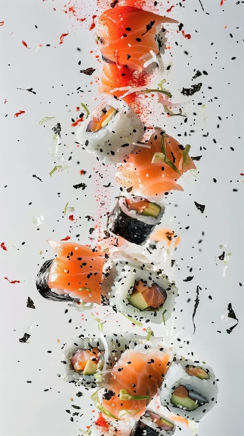 Gastronomic Firework: Sushi Explosion and Sparkling Ingredient Scatter ...