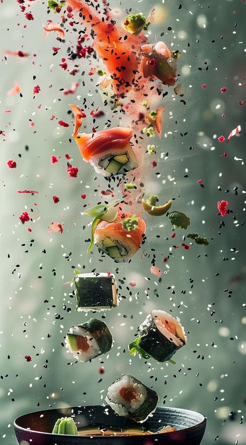 Gastronomic Firework: Sushi Explosion and Sparkling Ingredient Scatter ...