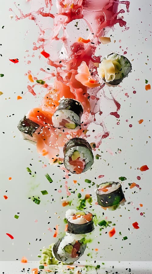 Gastronomic Firework: Sushi Explosion and Sparkling Ingredient Scatter ...