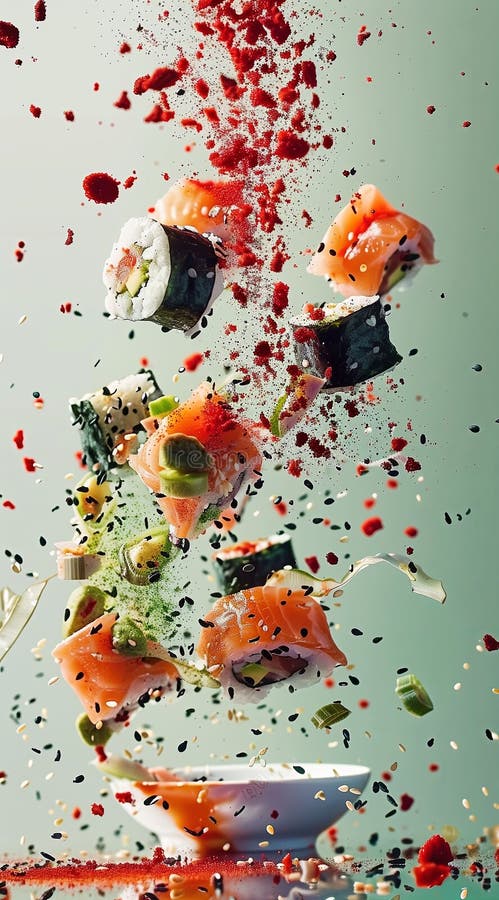 Gastronomic Firework: Sushi Explosion and Sparkling Ingredient Scatter ...