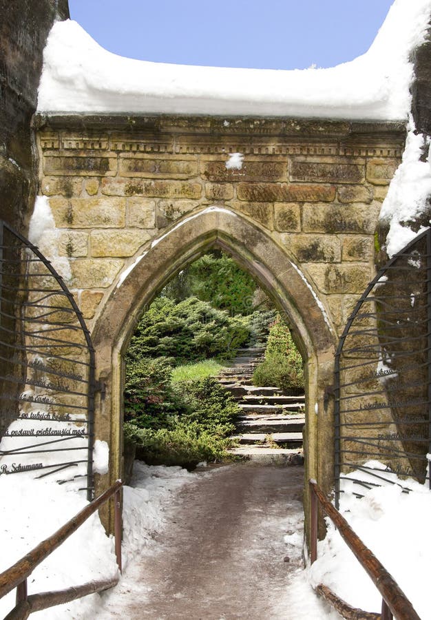 Winter gate stock photo. Image of wall, brick, lamp, pass - 18611632