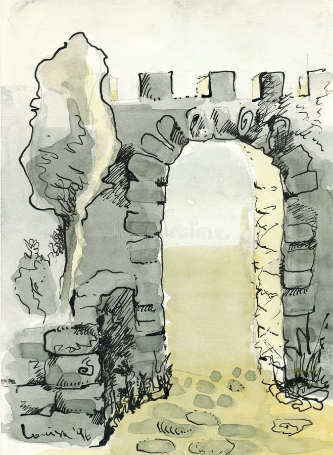 The gate, Hand drawing picture, romantic place with old stone