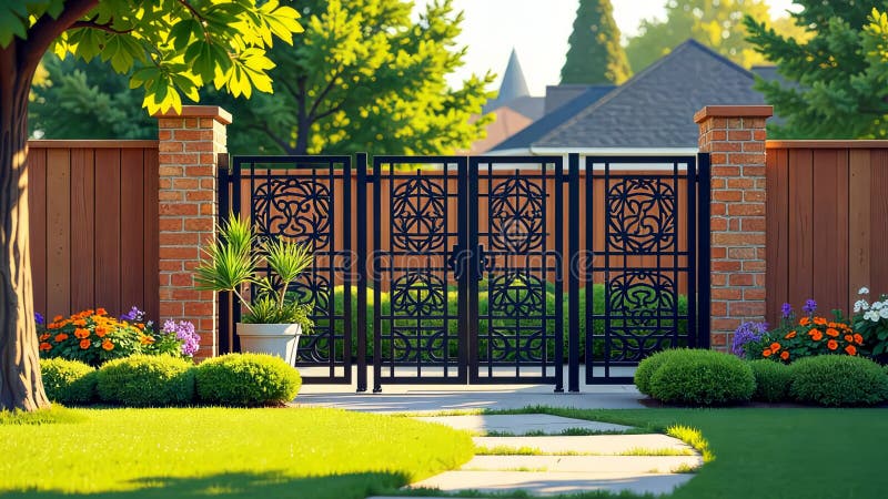 A Gate with a Brick Wall and a Tree in Front of it. the Gate is Open ...