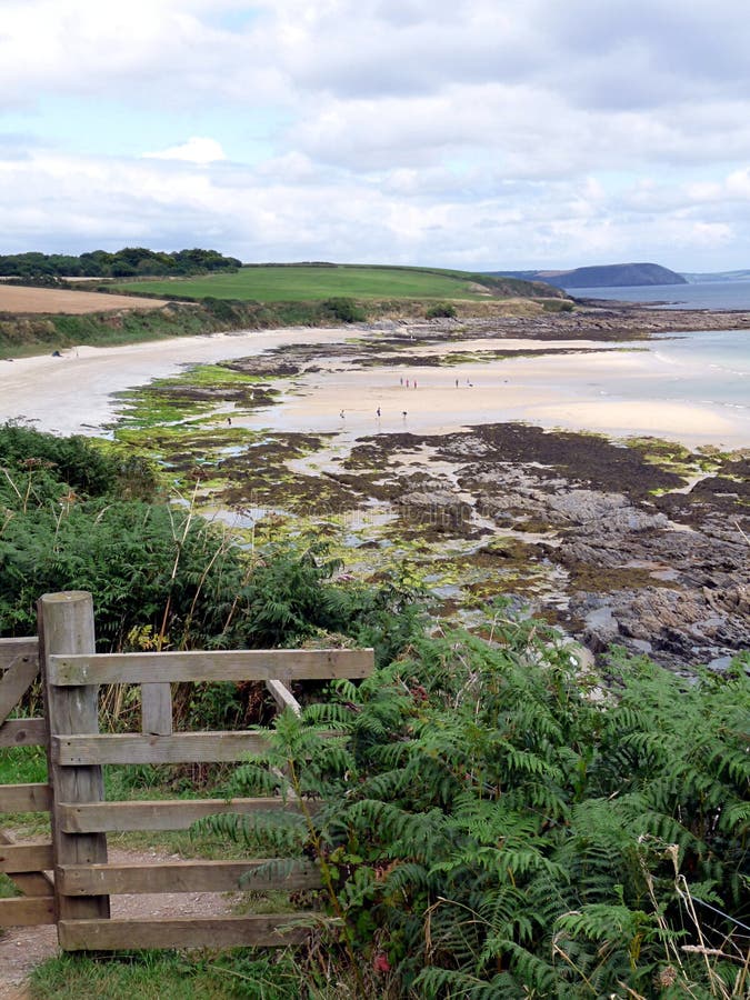 Gate on Coastal Path with View of Stunning Beach, Cornwall, UK Stock ...