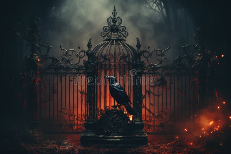 Gate with Crow Background. Scary Cemetery Gate Stock Image - Image of ...