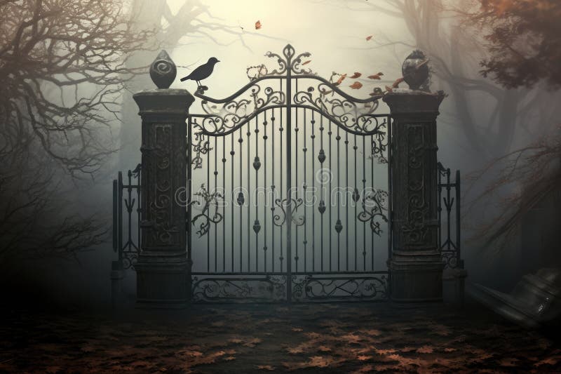 Gate with Crow Background. Scary Cemetery Gate Stock Photo - Image of ...
