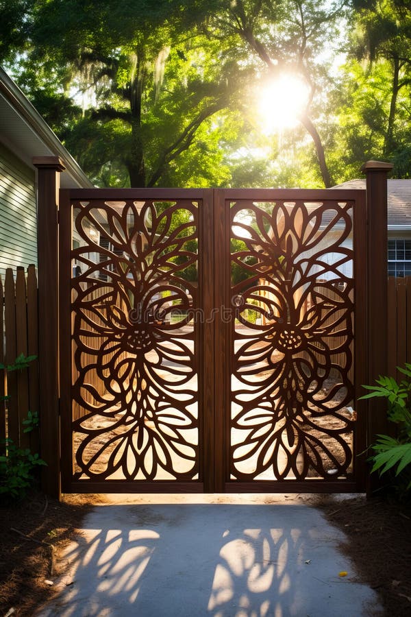 Gate with Design on it in Yard with Trees. Generative AI Stock Photo ...