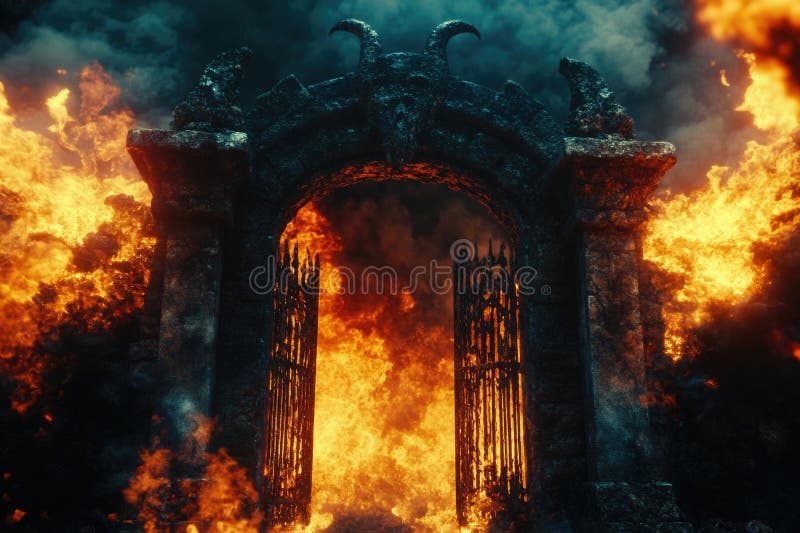 A gate on fire in the dark stock photo. Image of fire - 348266056