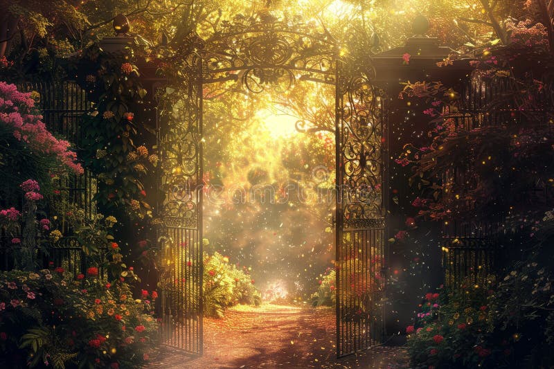A Gate in a Garden with a Lot of Flowers and Trees Stock Photo - Image ...