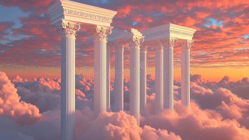 Gate of Heaven with White Columns and Sunset Clouds Architectural ...
