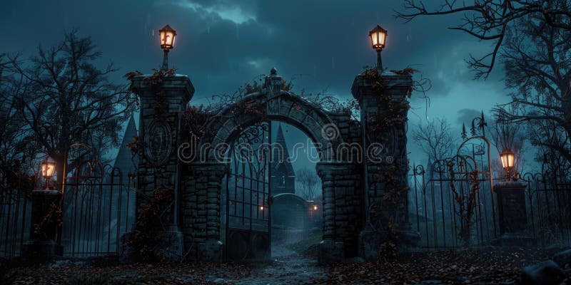 A Gate Illuminated by Lights, Perfect for Night Scenes Stock Photo ...