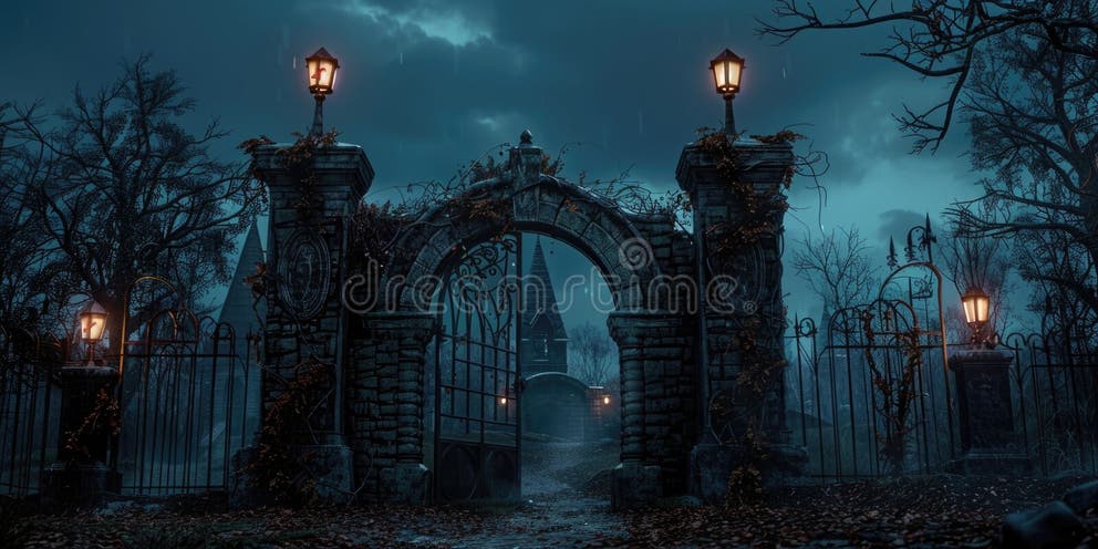 A Gate Illuminated by Lights, Perfect for Night Scenes Stock Photo ...