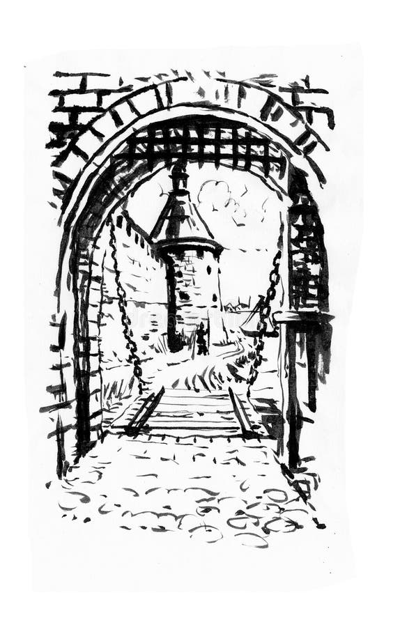Gate of a Medieval Castle. Watercolor Illustration Stock Image - Image ...