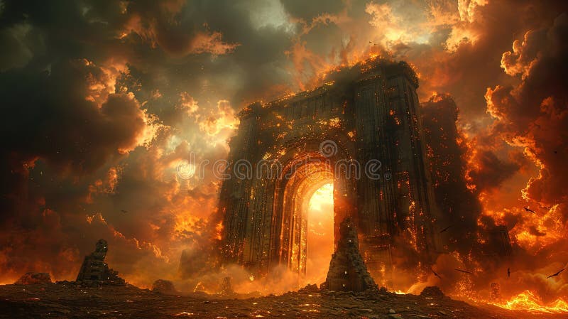 Gate To Hell Opening in the Middle of a Fire Stock Illustration ...