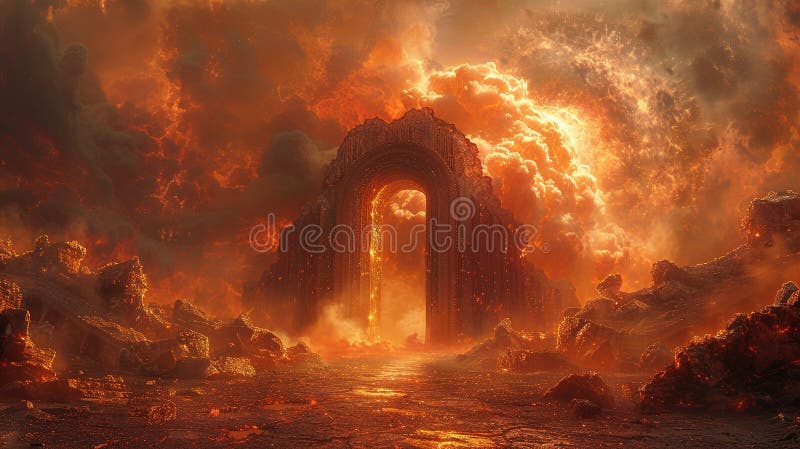 Gate To Hell Opening in the Middle of a Fire Stock Illustration ...