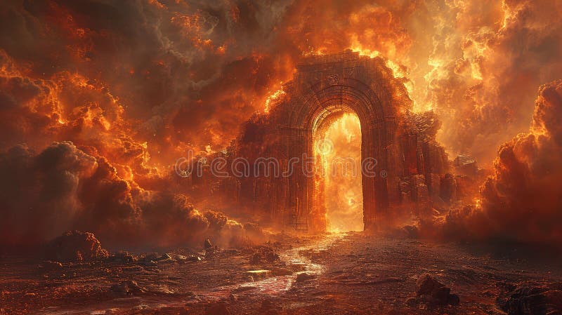 Gate To Hell Opening in the Middle of a Fire Stock Illustration ...