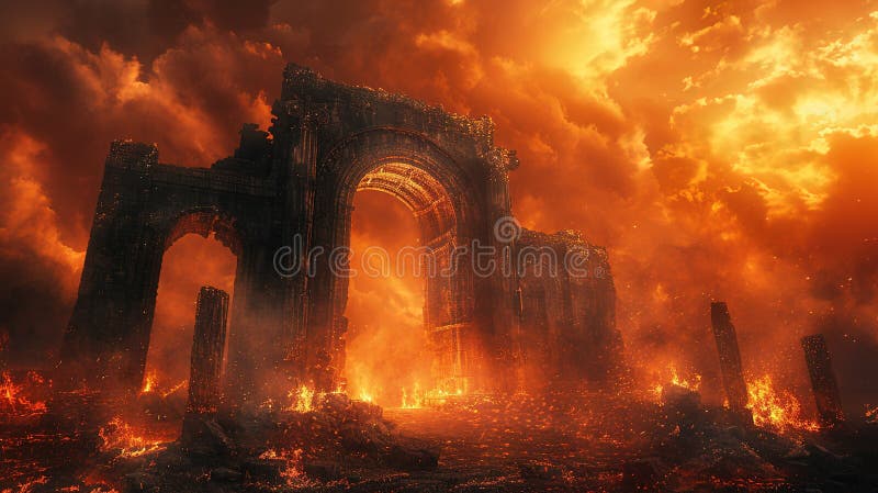 Gate To Hell Opening in the Middle of a Fire Stock Illustration ...