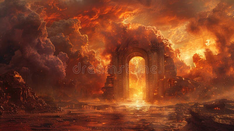Gate To Hell Opening in the Middle of a Fire Stock Illustration ...
