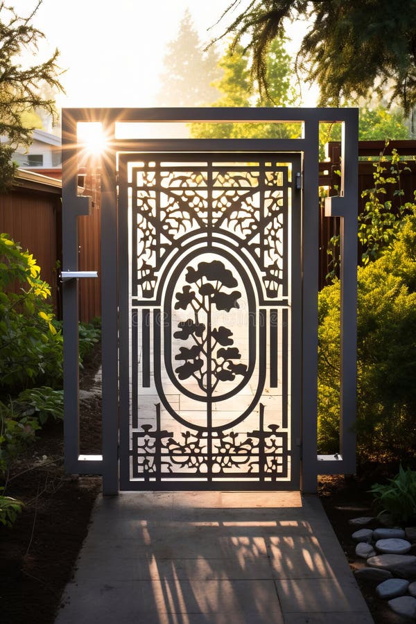 Gate with Tree on it in Garden with Trees. Generative AI Stock Photo ...