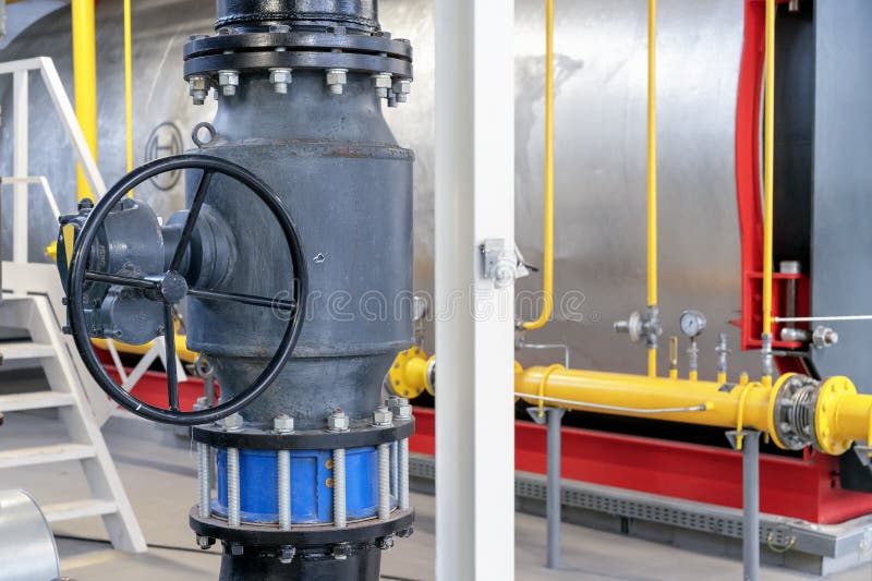 Gate Valve with Reducer and Flanged Check Valve in a Gas Boiler Room ...