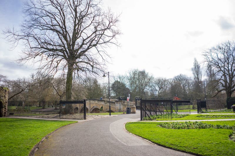 Gate Way To a Park with Bare Trees Stock Image - Image of green ...