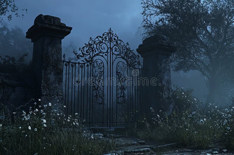 A Gate with a Wrought Iron Design is Surrounded by a Field of Flowers ...