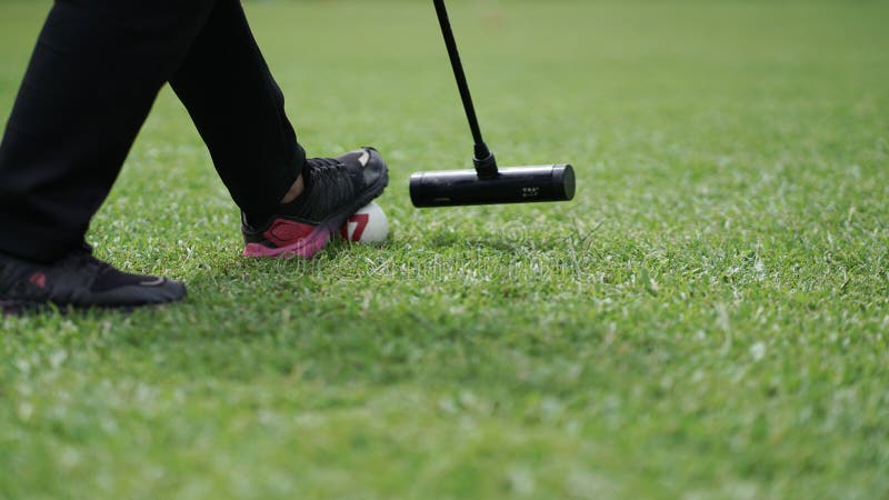 The Gateball Player`s Feet and Their Tools on the Grass Field Stock ...