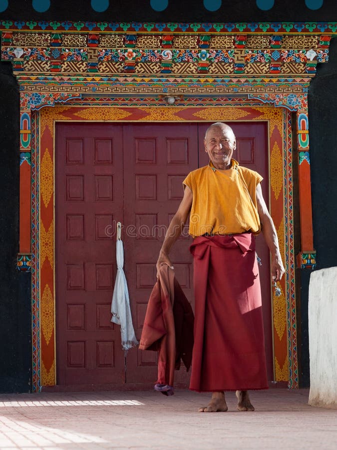 Gatekeeper Monk in from of Ancient Colorful Gate of Hemis Monastery ...