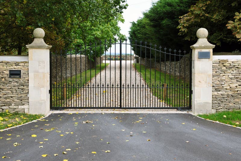 Stately Home Gates and Driveway Stock Image - Image of building, gates ...