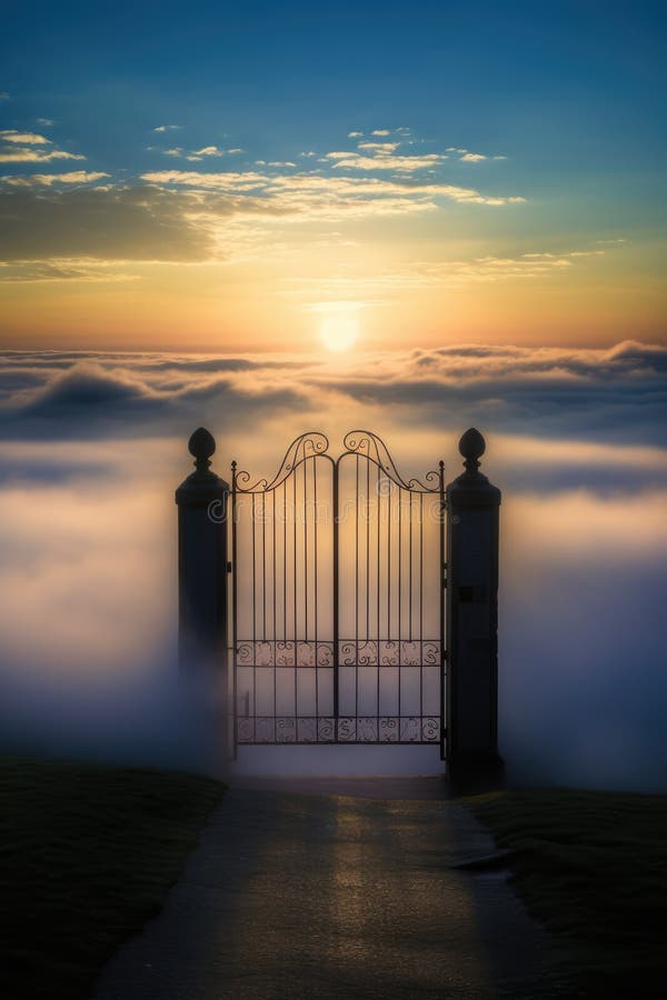 Gates of Heaven with Clouds and Sun Setting, Created Using Generative ...