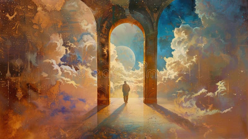 Gates of Heaven. Digital Painting of a Man Walking through an Archway ...