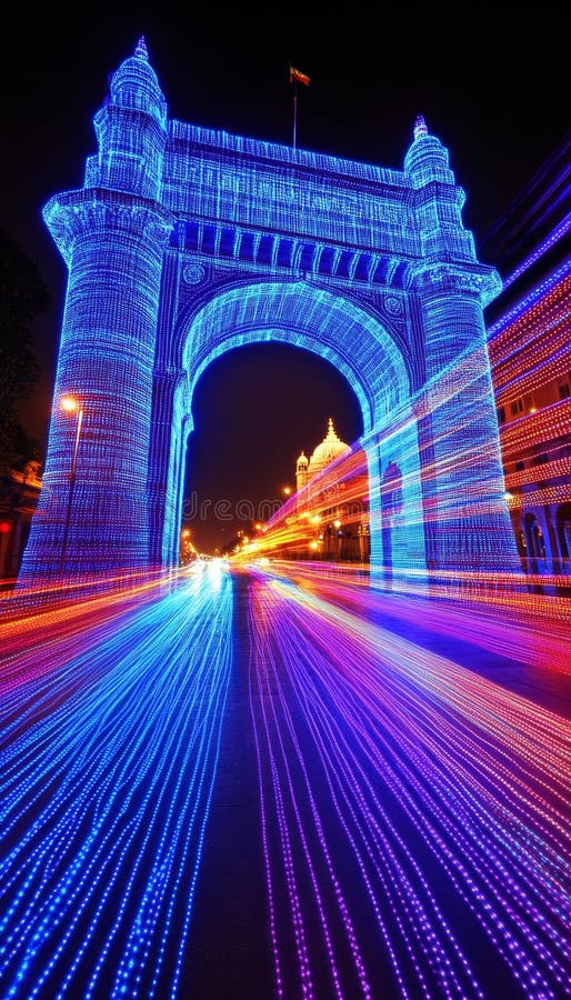 Gateway of India Illuminated in Blue Lights with Streaks of Light ...