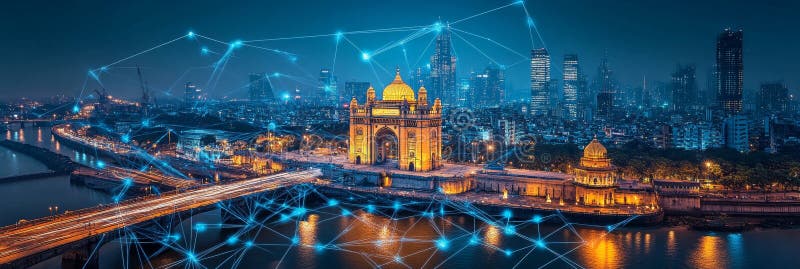 Gateway of India Illuminated at Night, Connected by Technology Network ...
