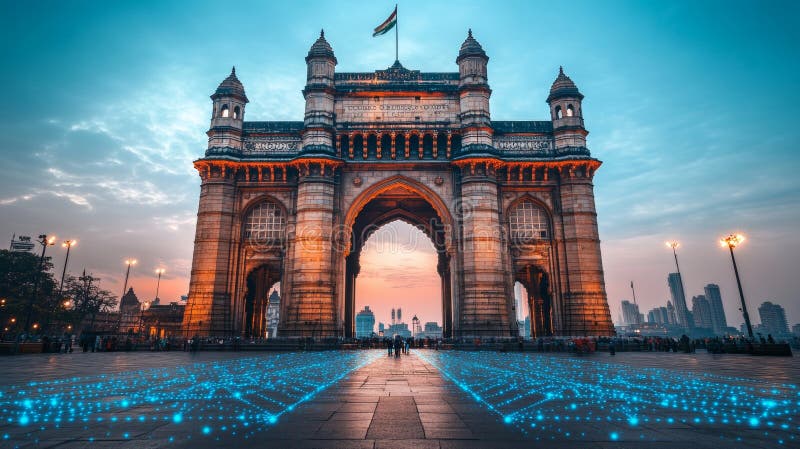 Gateway of India, Mumbai Iconic Archway Outlined in Blue Network ...