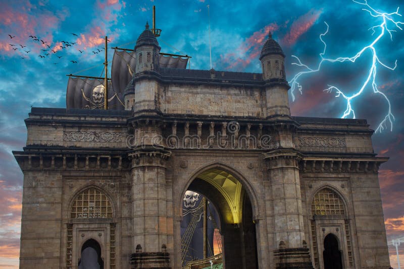 The Gateway of India Under a Dramatic Sky with Sparkling Lightning in ...